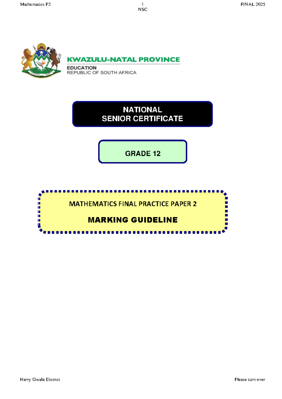 Mathematics P2 NSC Final 2025 Practice Paper 2 Marking Guideline - Studocu