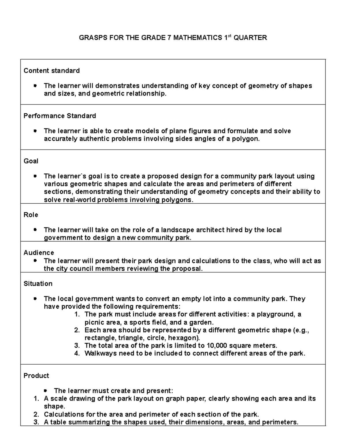 Grade 7 Math QT1 Performance Task: Community Park Design Project - Studocu