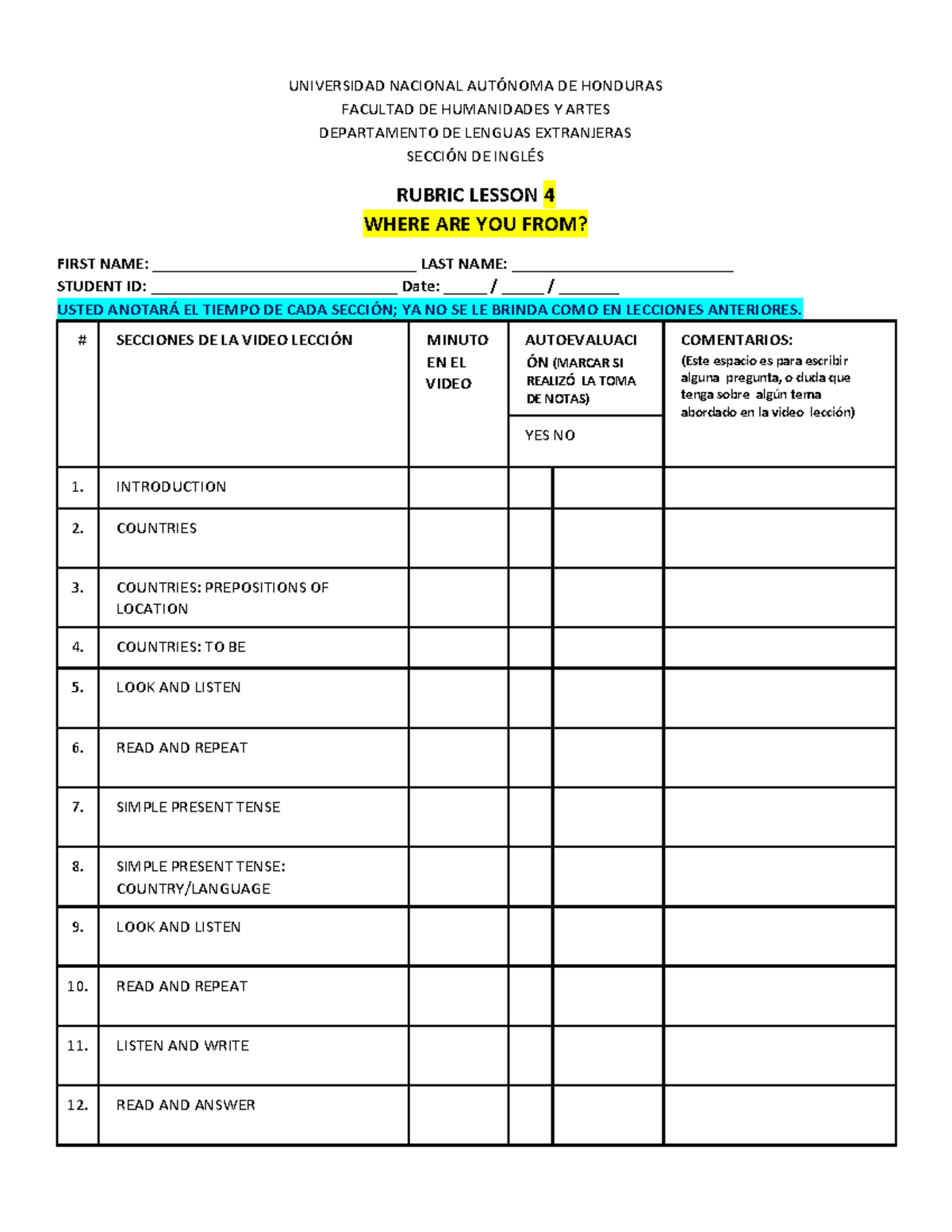 LECCIÓN 4: RUBRICA PARA TOMA DE NOTAS - INGLÉS - Studocu