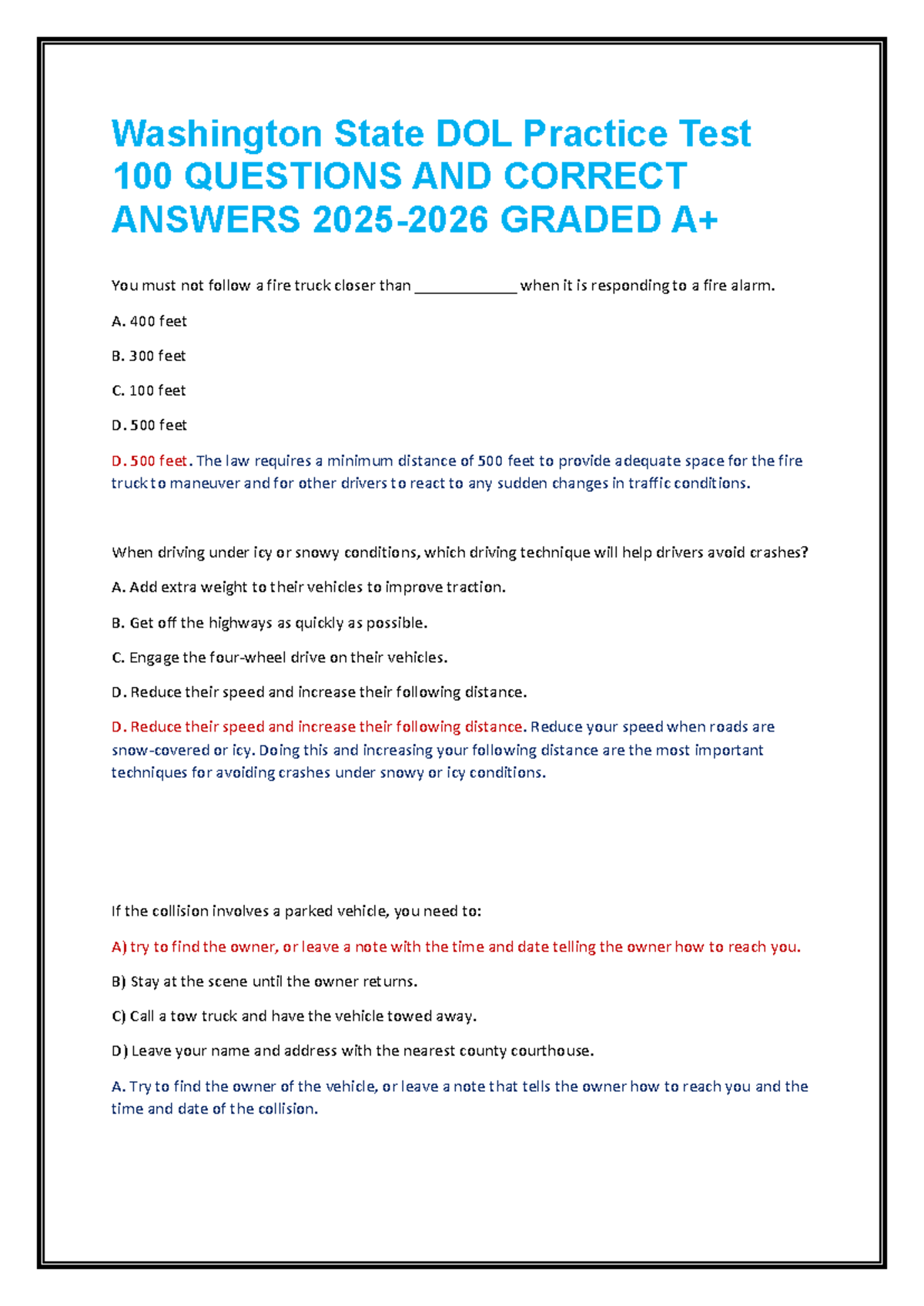 Washington State DOL Practice Test: 100 Questions & Answers 2025 - Studocu