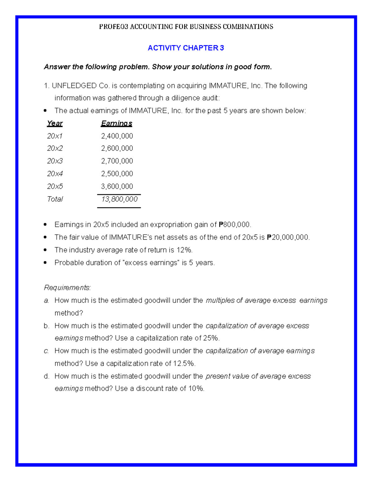 Profe 03 - Activity Solutions for Chapter 3: Business Combinations ...