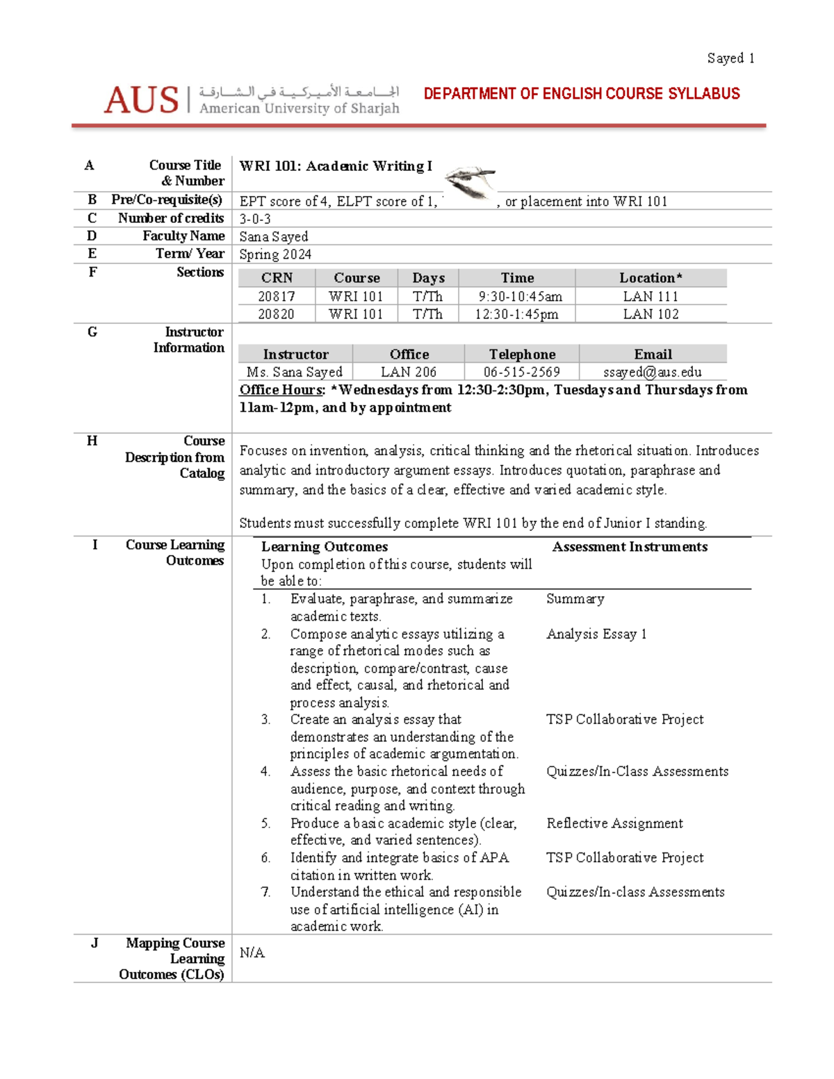 WRI 101 Syllabus - Academic Writing I - Spring 2024 (TSP Version) - Studocu