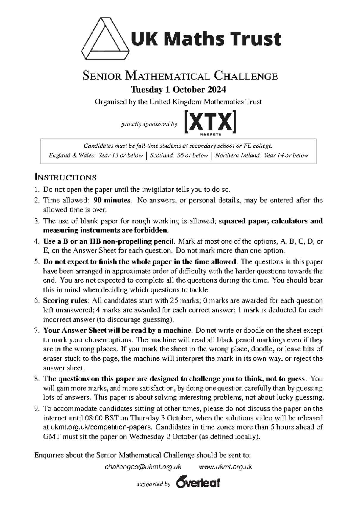 SMC-2024 Senior Mathematical Challenge Paper Instructions and Problems ...