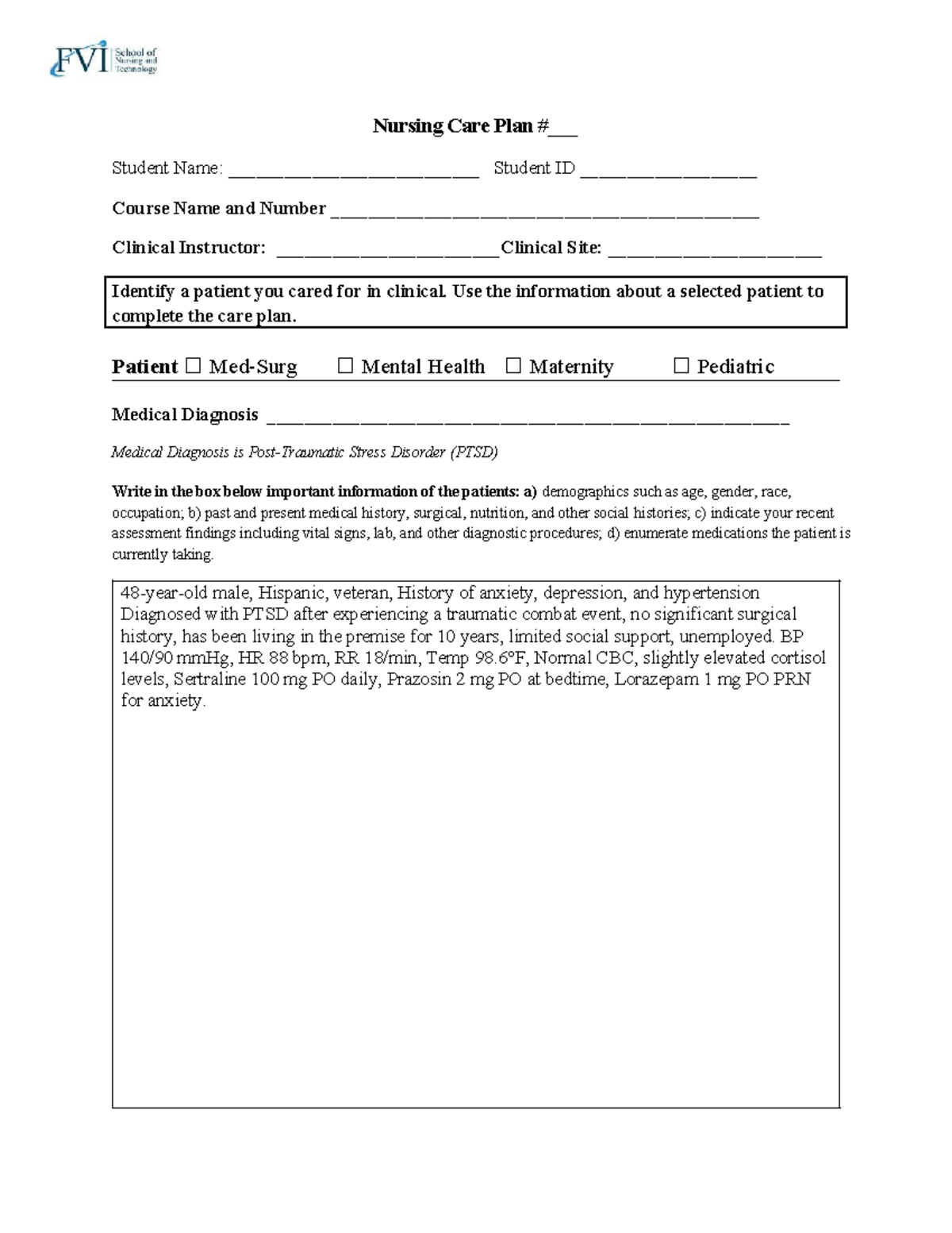 NUR2105 Nursing Care Plan Template for PTSD Patient Management - Studocu