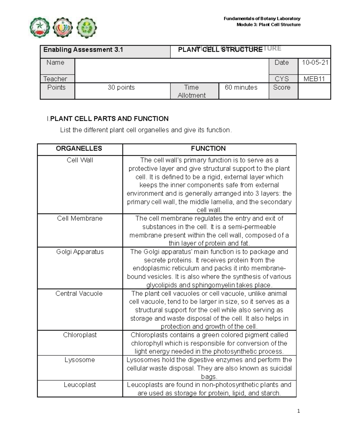 Assessment 3: Exploring Plant Cell Structure and Functions - Studocu