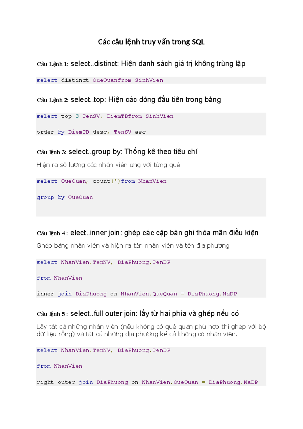 Câu Lệnh Truy Vấn SQL: Hướng Dẫn Chi Tiết và Ví Dụ - Studocu
