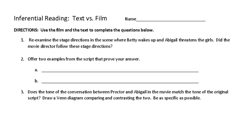 The Crucible: Movie Questions & Comparisons to Text - Studocu