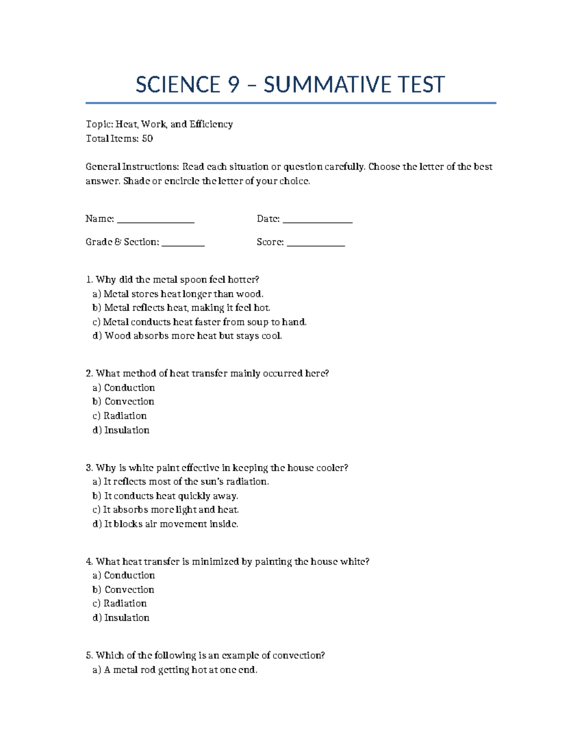 SCIENCE 9 SUMMATIVE TEST: Heat, Work, and Efficiency (50 Items) - Studocu