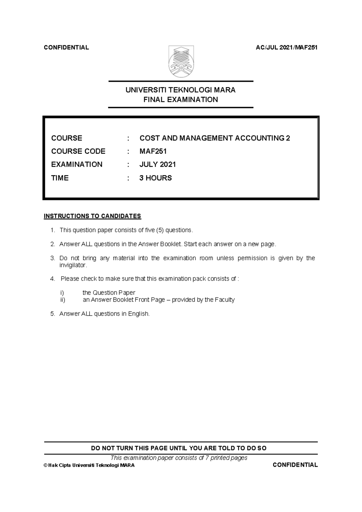 Final Examination Paper for Cost and Management Accounting MAF251 ...