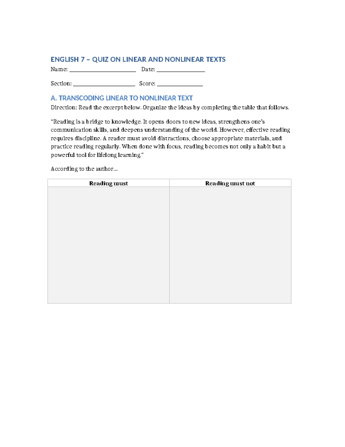 ENGLISH 7 QUIZ: LINEAR & NONLINEAR TEXTS - Studocu
