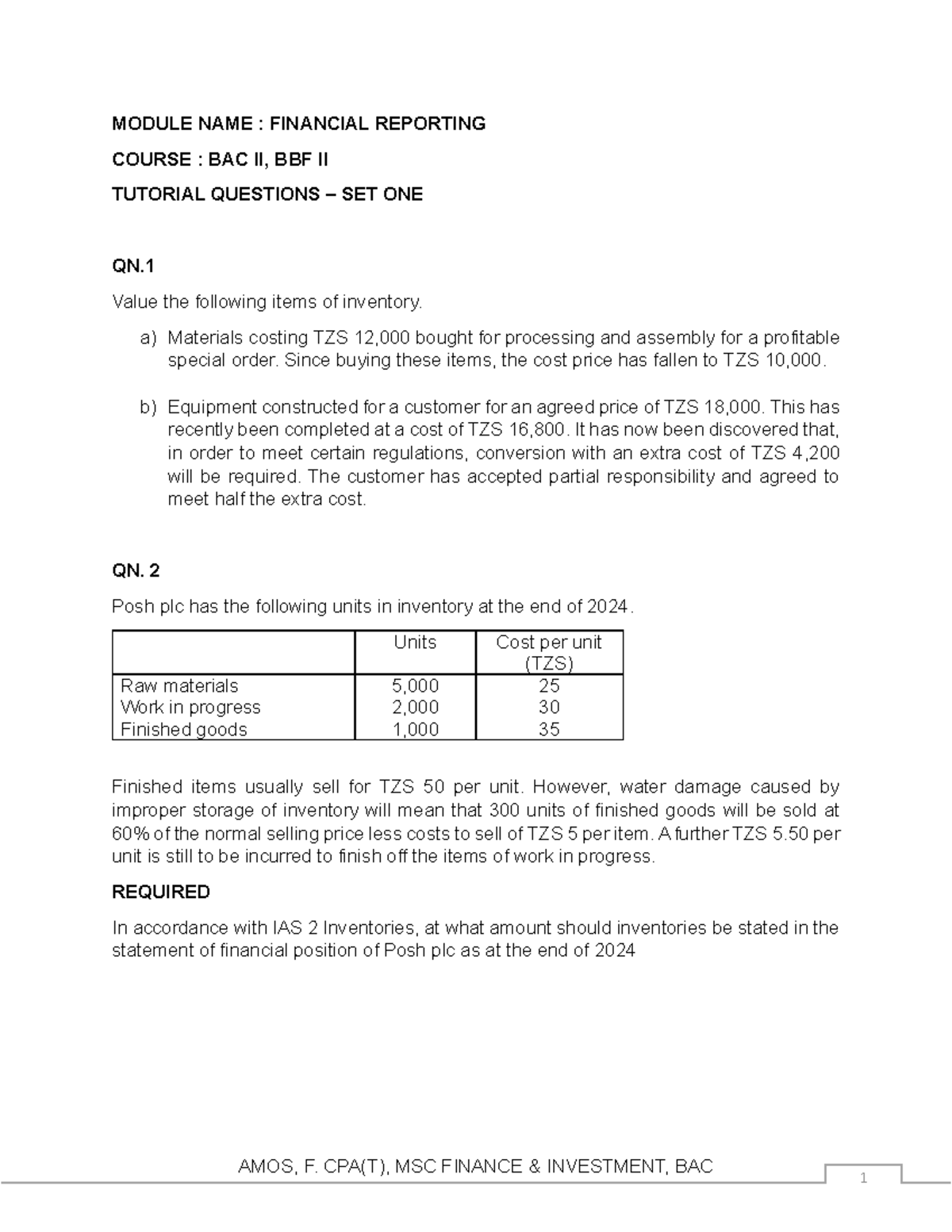 Tutorial Questions - Financial Reporting BAC II, BBF II - Set One - Studocu