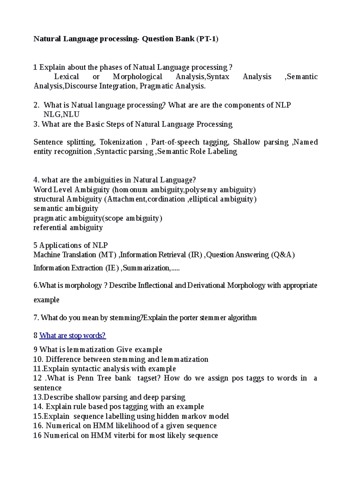 NLP PT-1 Question Bank - Natural Language processing- Question Bank (PT-1) 1 Explain about the ...