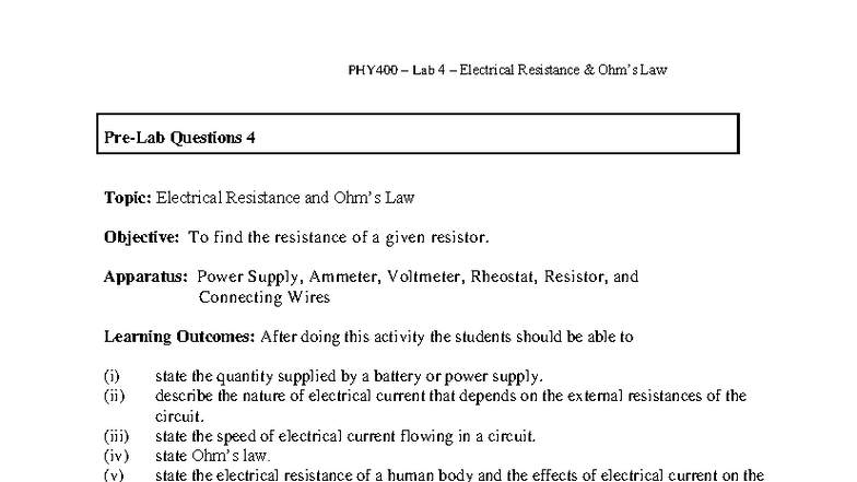 PHY400 Lab 4: Exploring Electrical Resistance and Its Laws - Studocu