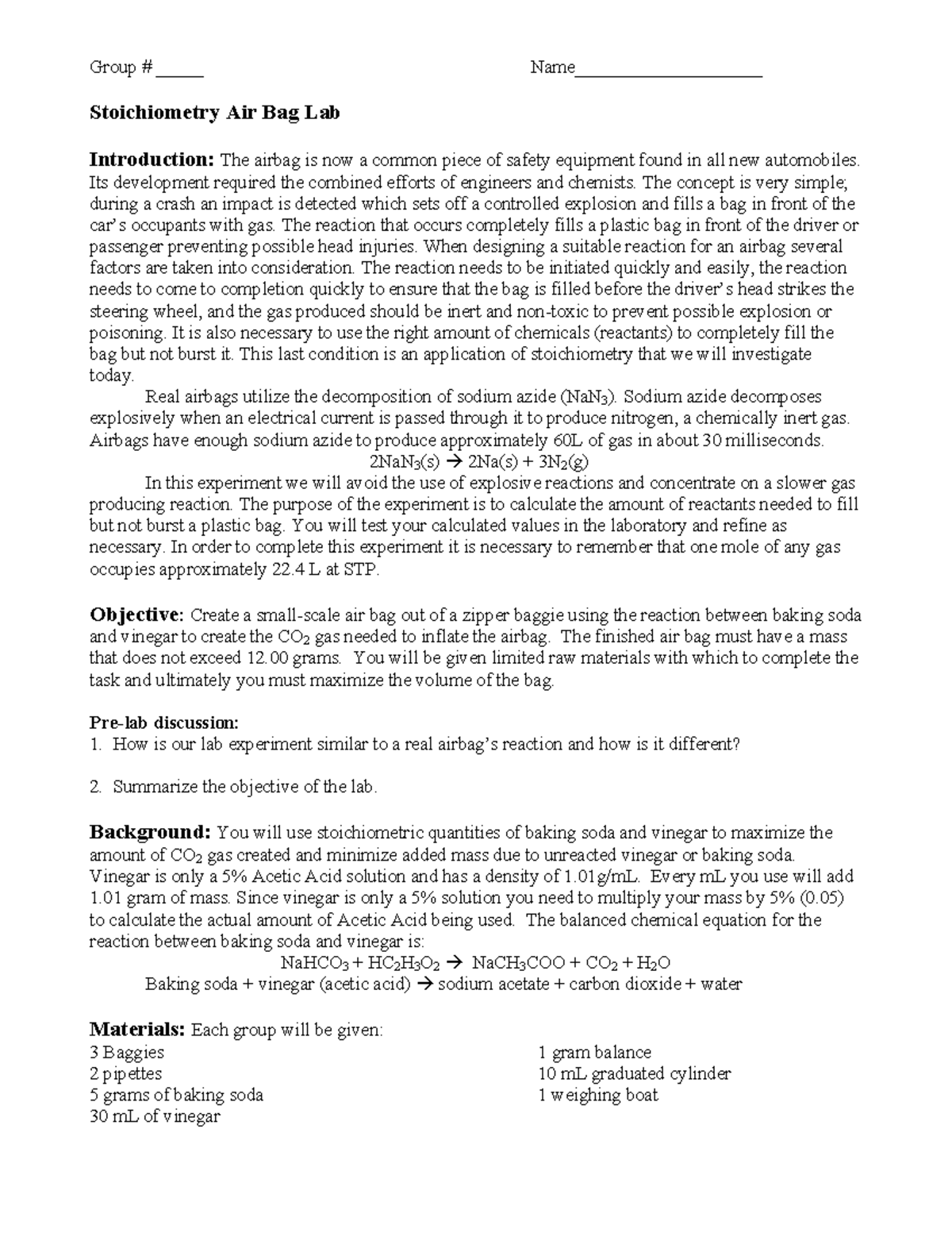 Lab Stoich Airbag - Stoichiometry Air Bag Lab Introduction: The airbag ...