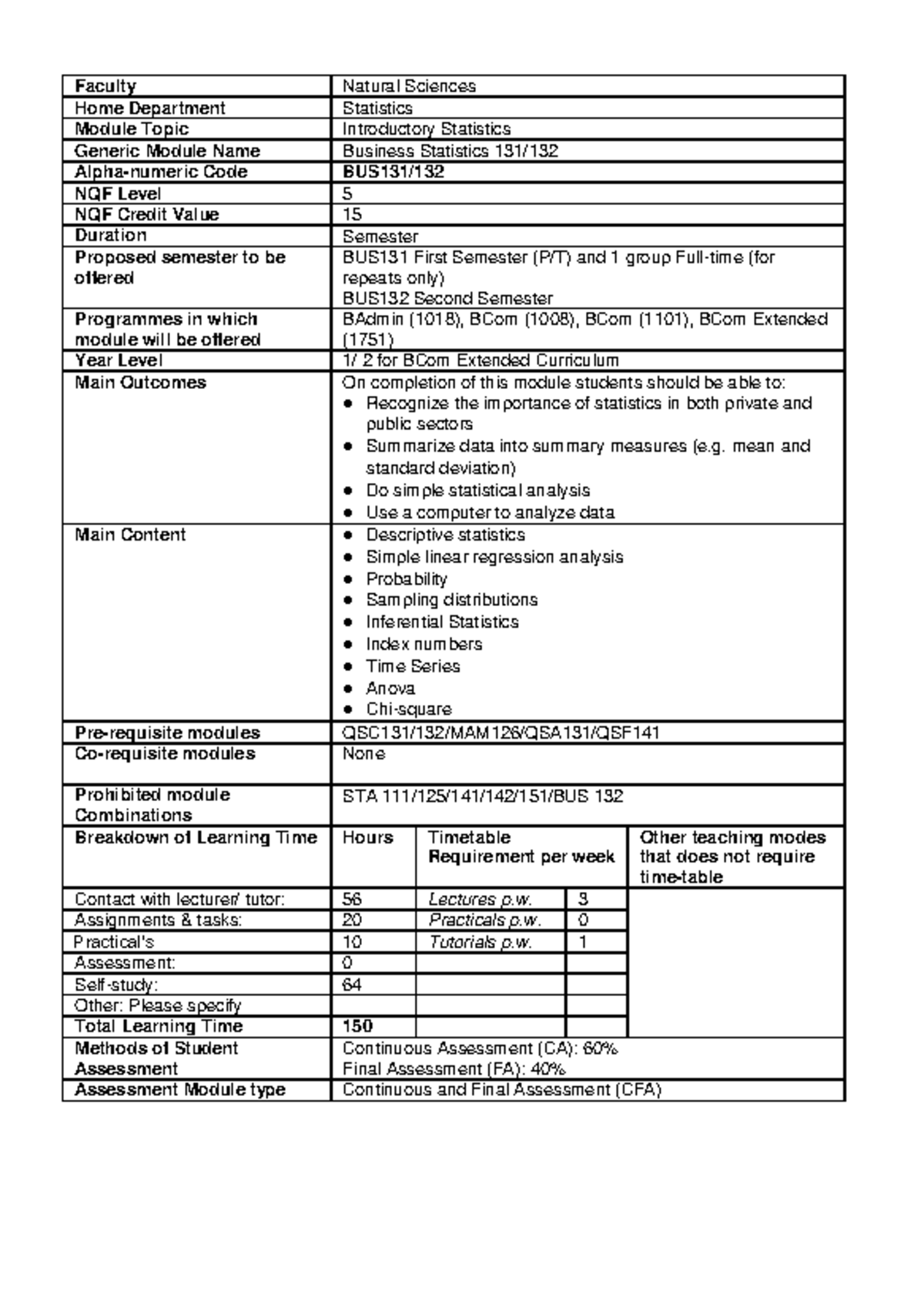 Business Statistics Module Description (BUS131 & BUS132) - Studocu