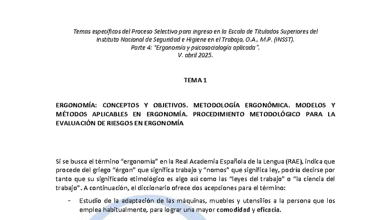 Temas Específicos del Proceso Selectivo INSST: Ergonomía y ...
