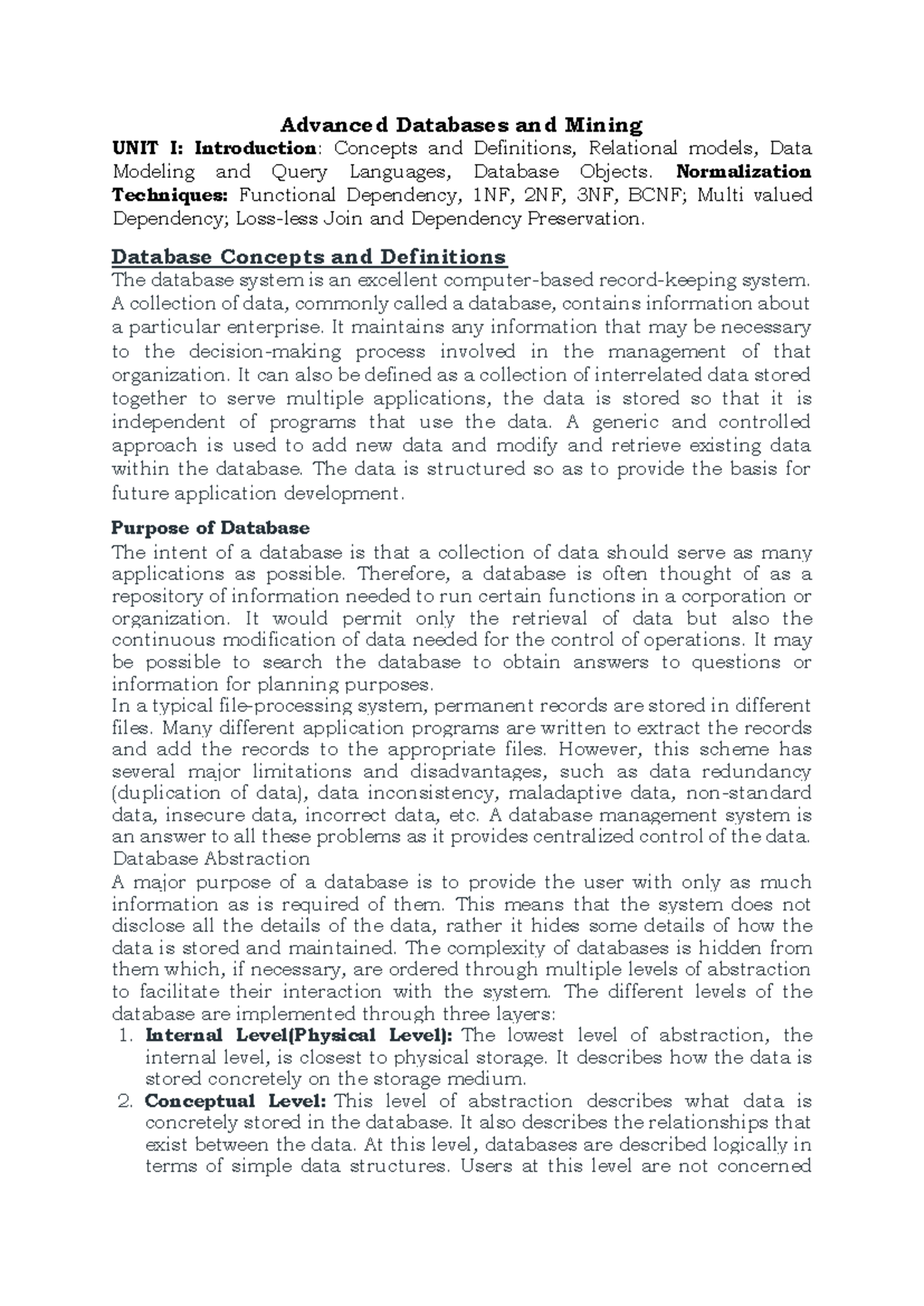 ADBM Unit-1: Introduction to Advanced Databases and Data Modeling - Studocu