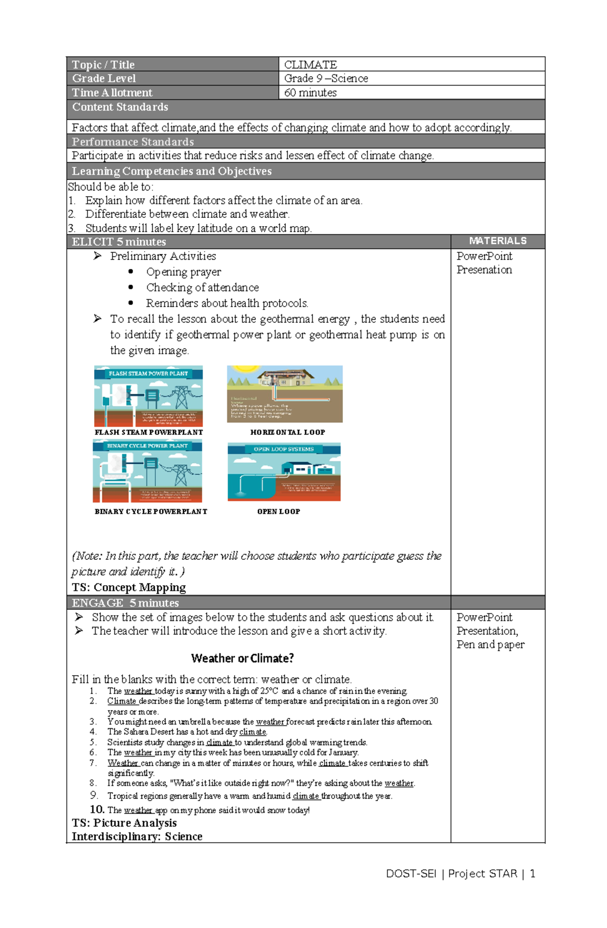 Lesson Exemplar Climate AND Weather - Topic / Title CLIMATE Grade Level ...