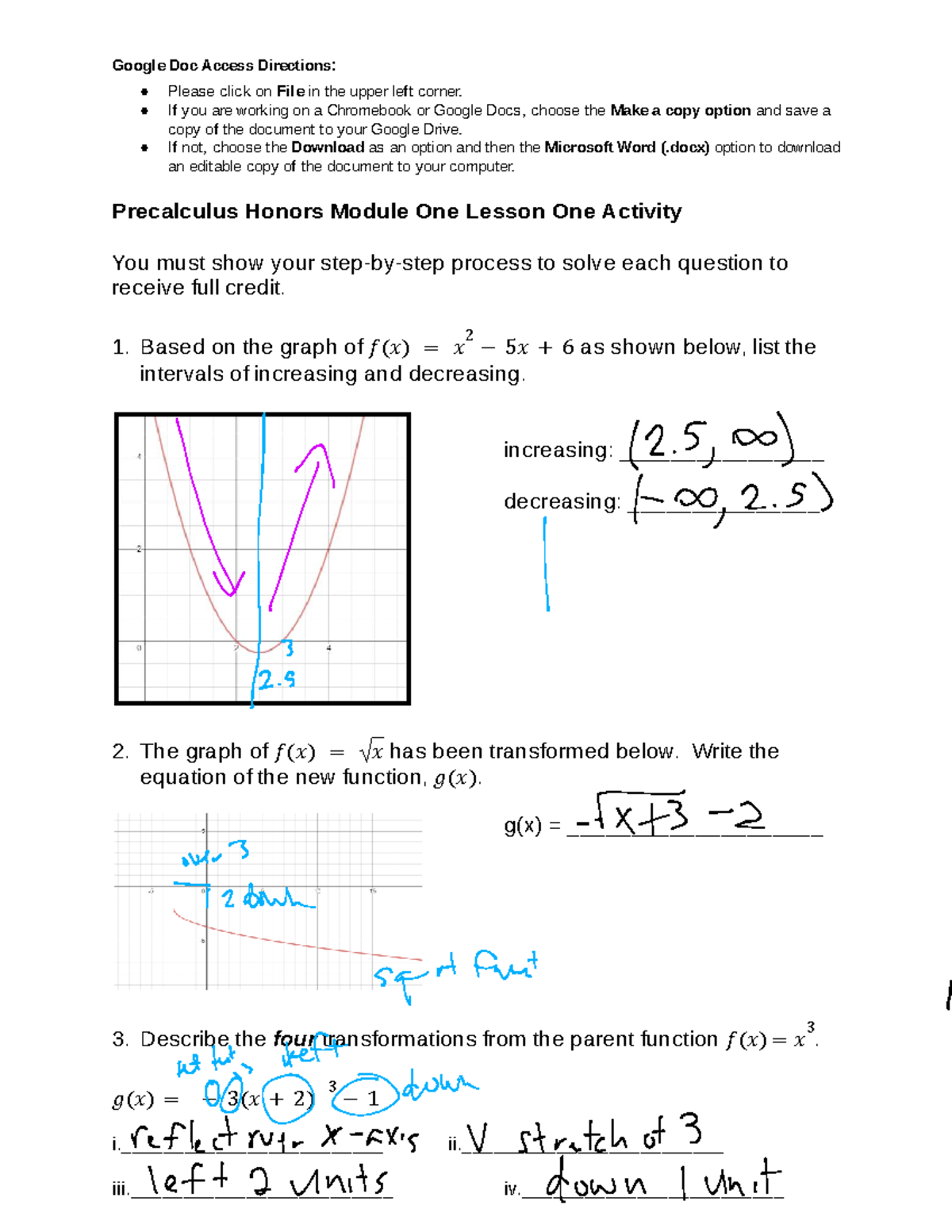 Precalculus Honors (M1L1) Activity: Graph Transformations and Analysis ...