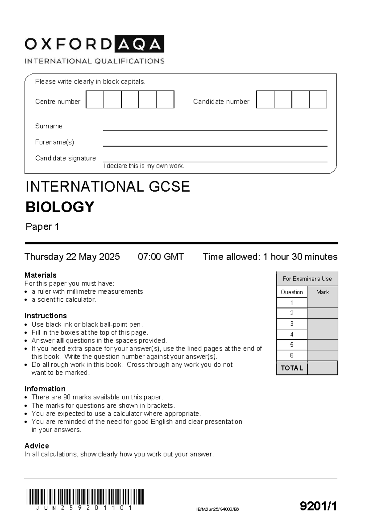Oxford AQA International GCSE Biology 9201/01 May-June 2025 Question ...