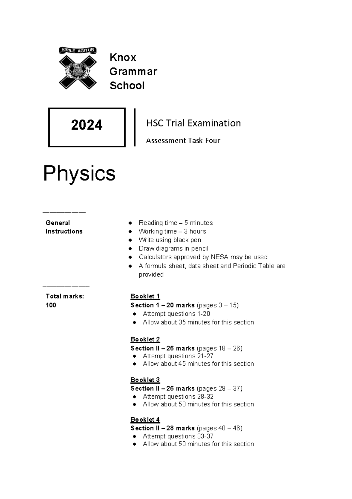 2024 Knox HSC Physics Trial Exam Assessment Task Four Instructions ...