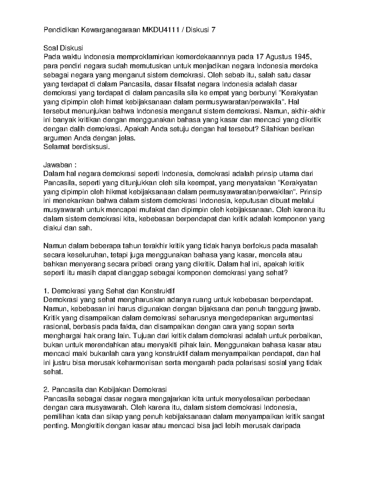 Diskusi 7: Kewarganegaraan dan Prinsip Demokrasi MKDU4111 - Studocu