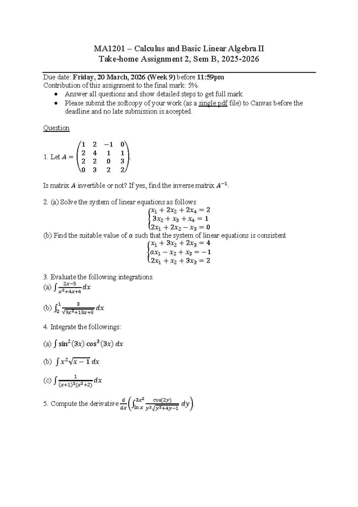 MA1201 Calculus & Linear Algebra II Assignment 2 - Week 9 - Studocu