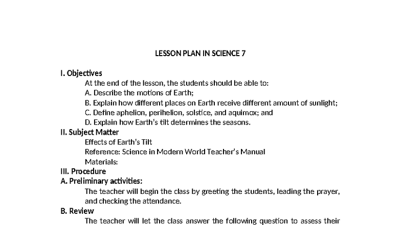 Detailed Lesson Plan in Science 7: Earth's Motion & Seasons - Studocu