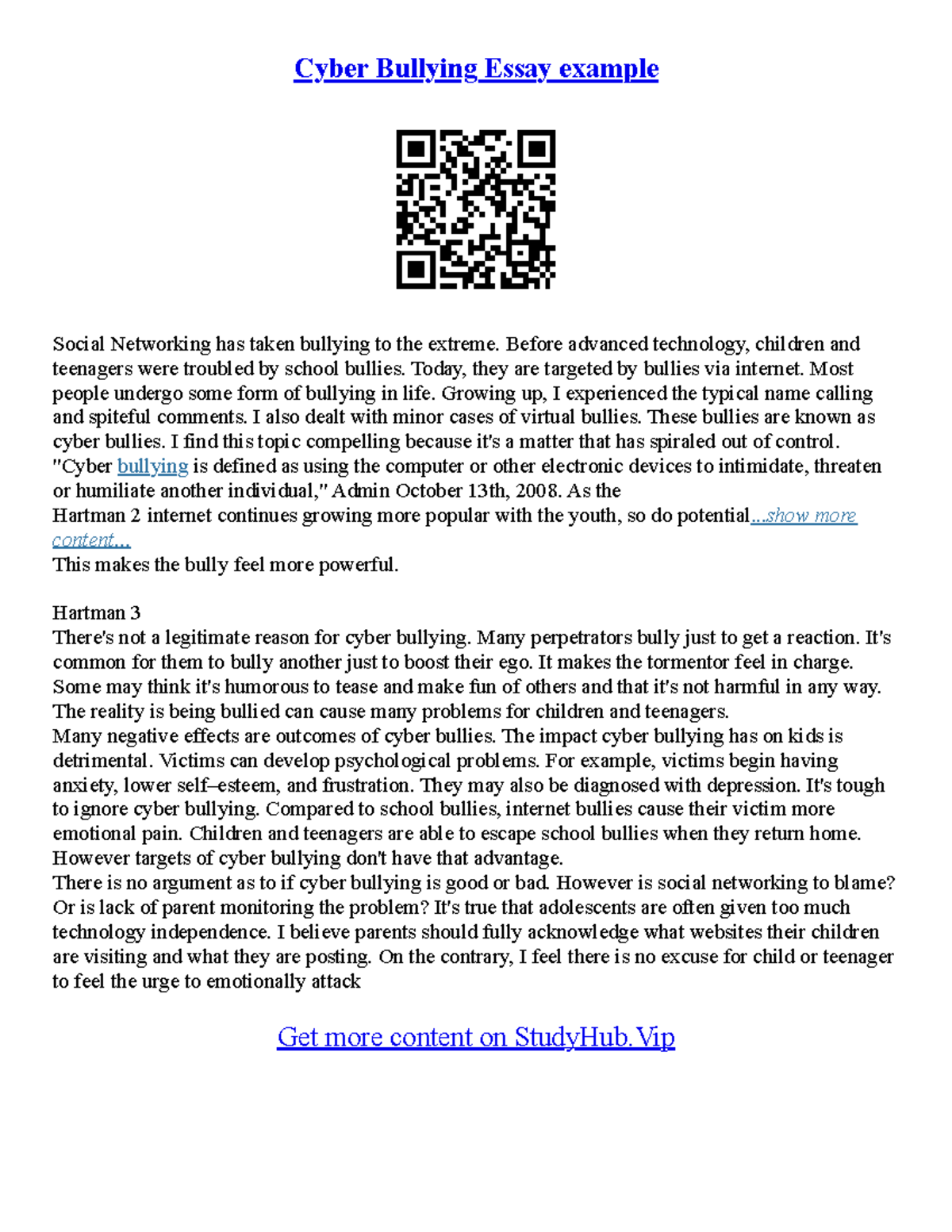 Cyber Bullying and Its Psychological Impact: An Essay Example - Studocu