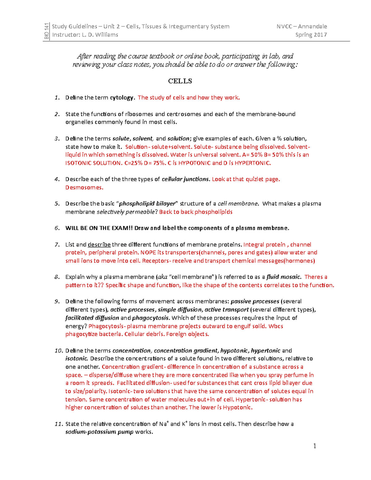 Exam2 141 Study Guide Sp17 - BI O1 4 1 Study Guidelines Unit 2 Cells ...
