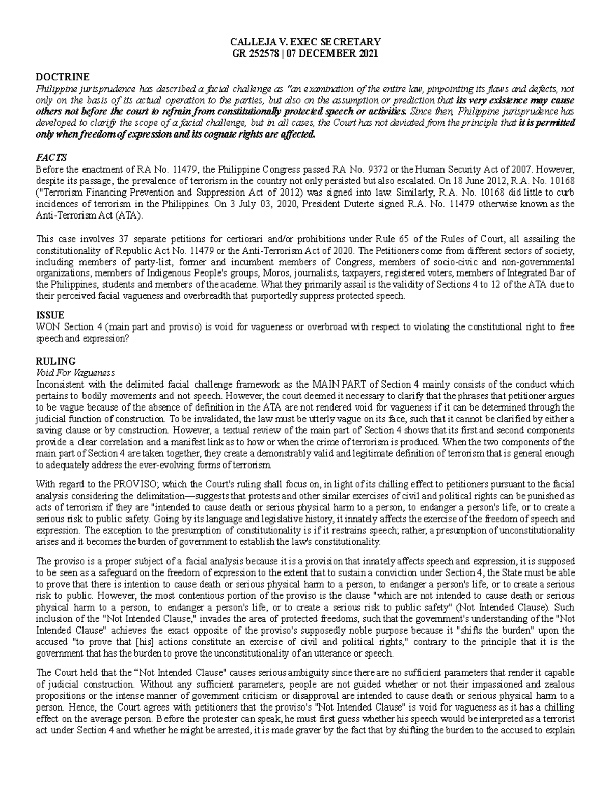Calleja v. Exec Secretary GR 252578: Analysis of ATA's Facial Challenge ...