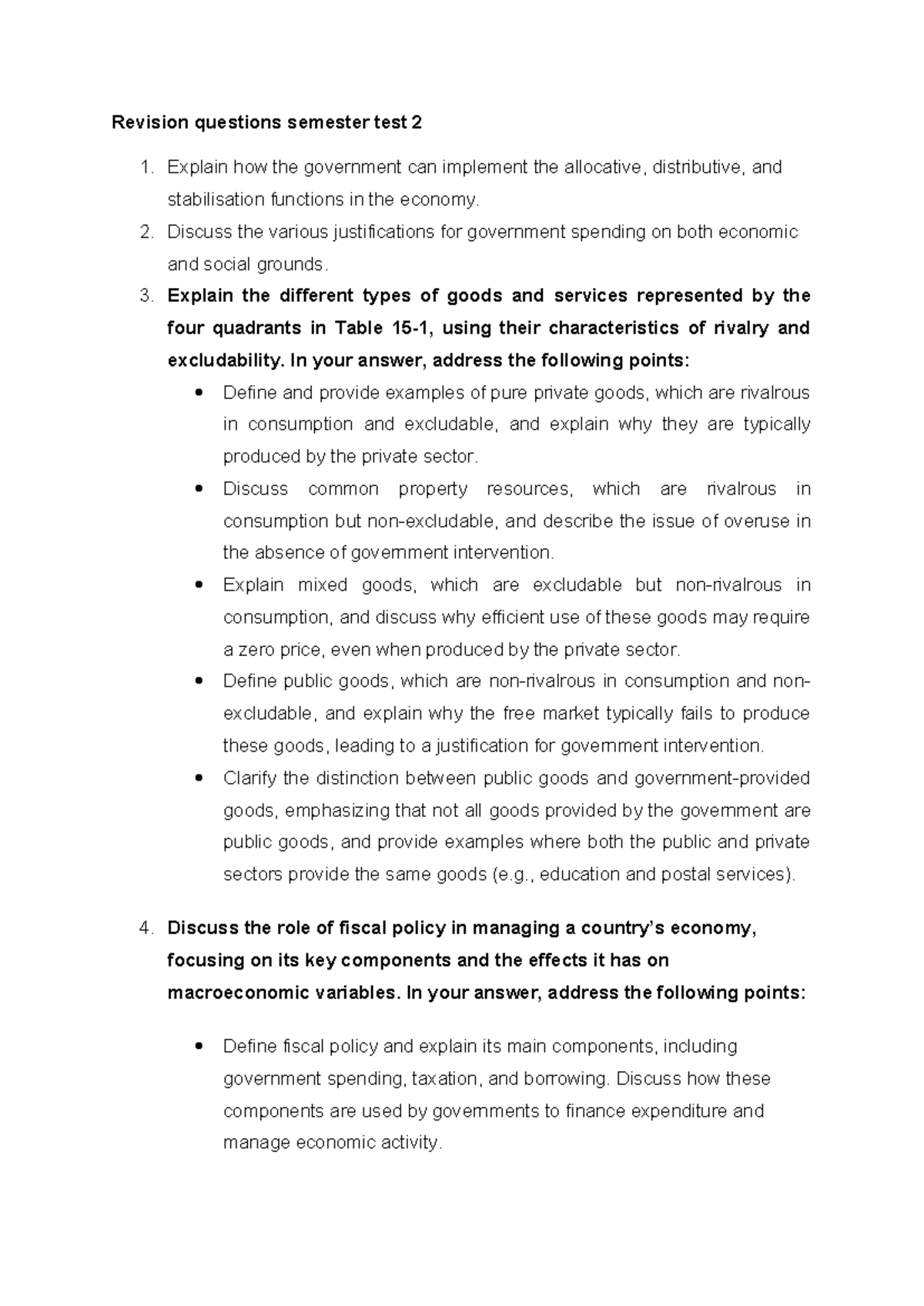 Revision Questions for Semester Test 2: Economic Concepts and Policies ...