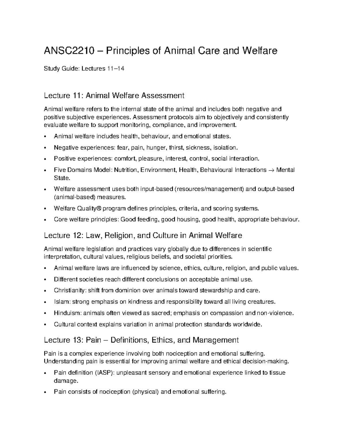 ANSC2210 Study Guide: Lectures 11-14 on Animal Welfare - Studocu