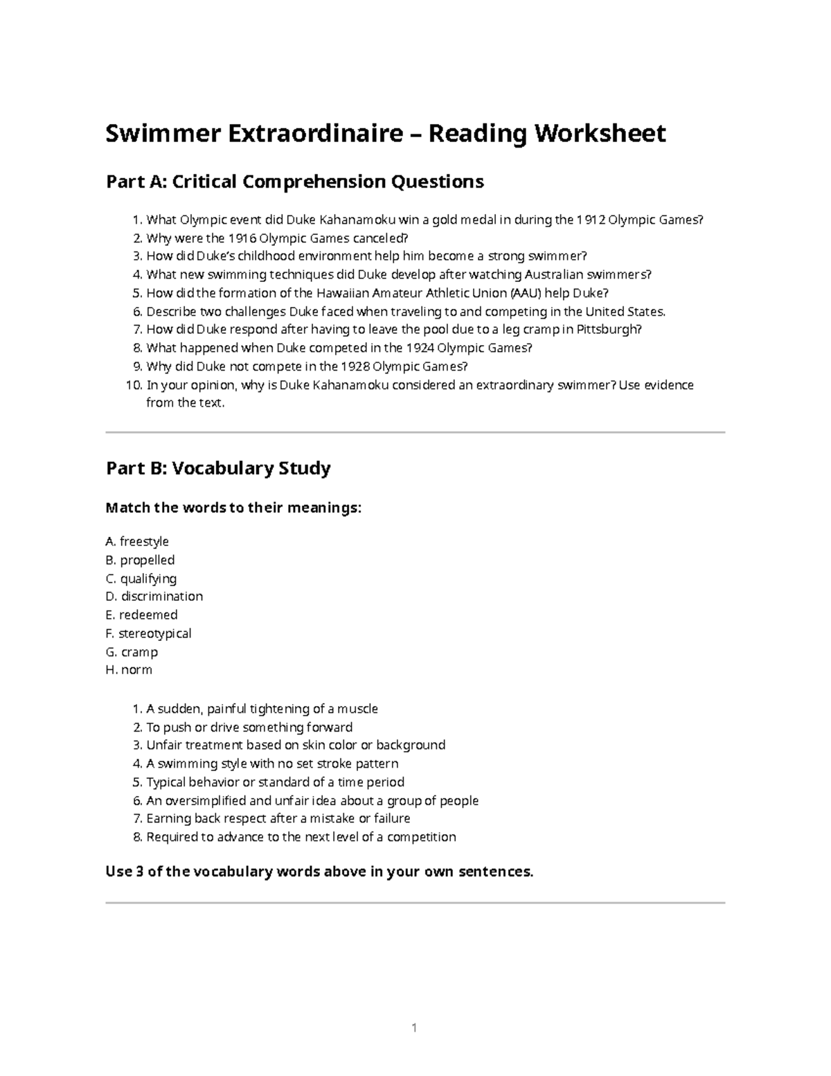 Swimmer Extraordinaire - Reading Worksheet: Comprehension & Vocabulary ...