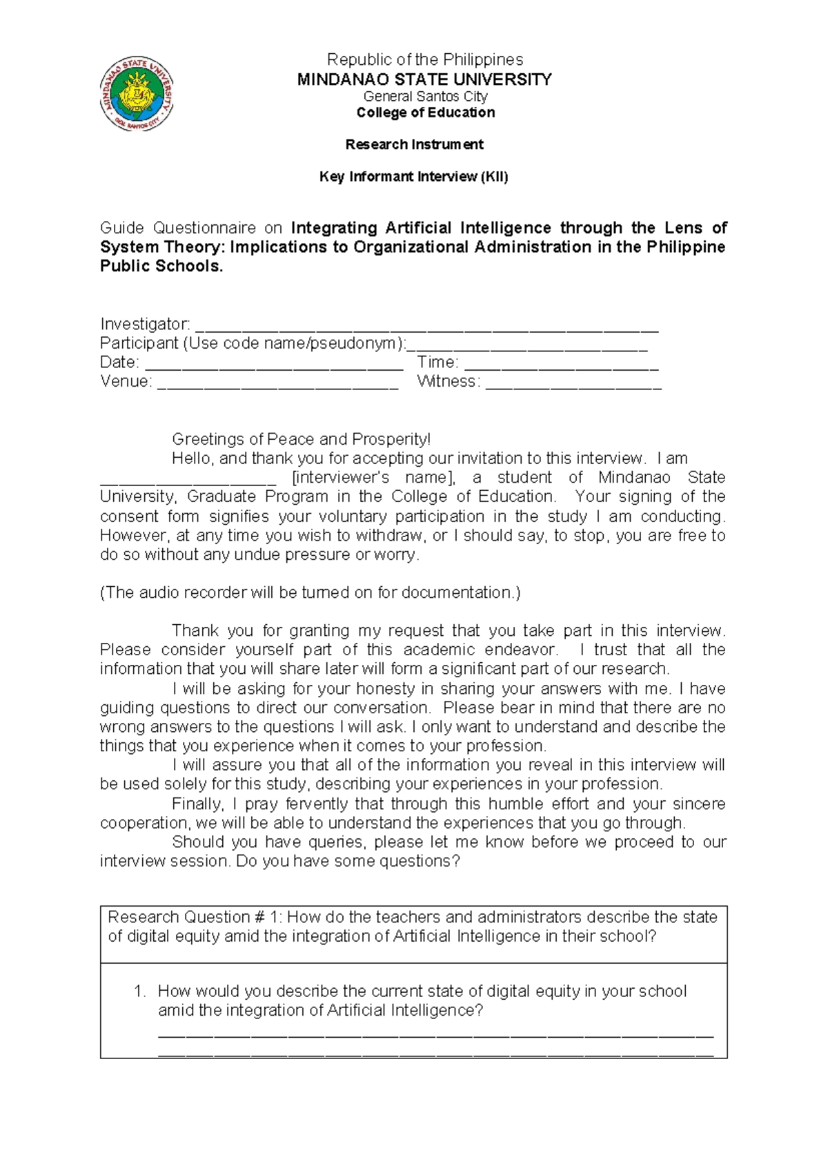 KII Guide Questionnaire on AI Integration in Philippine Public Schools ...