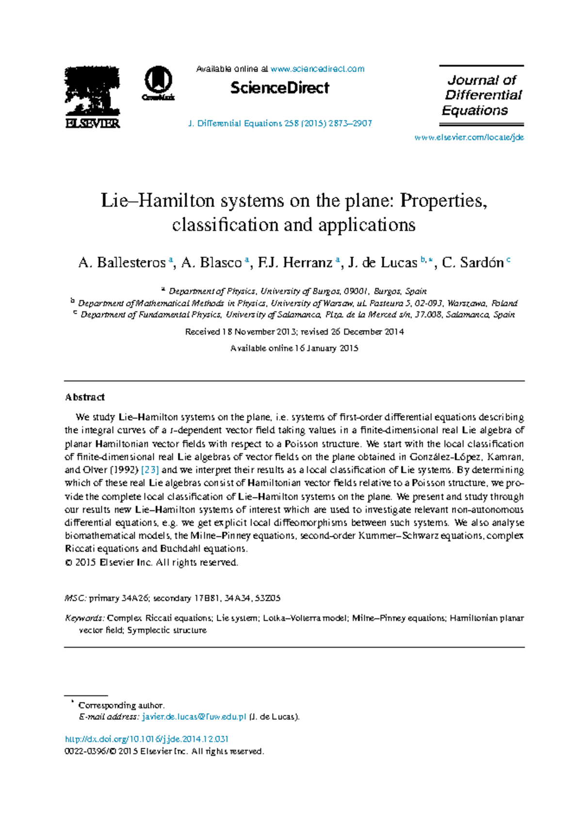 Title: Classification and Properties of Lie Systems on the Plane (MATH ...
