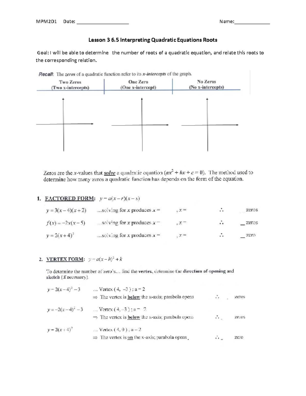 Lesson 3 Interpreting Quadratic Equations Roots 6 - Math1025 - Lesson 3 ...