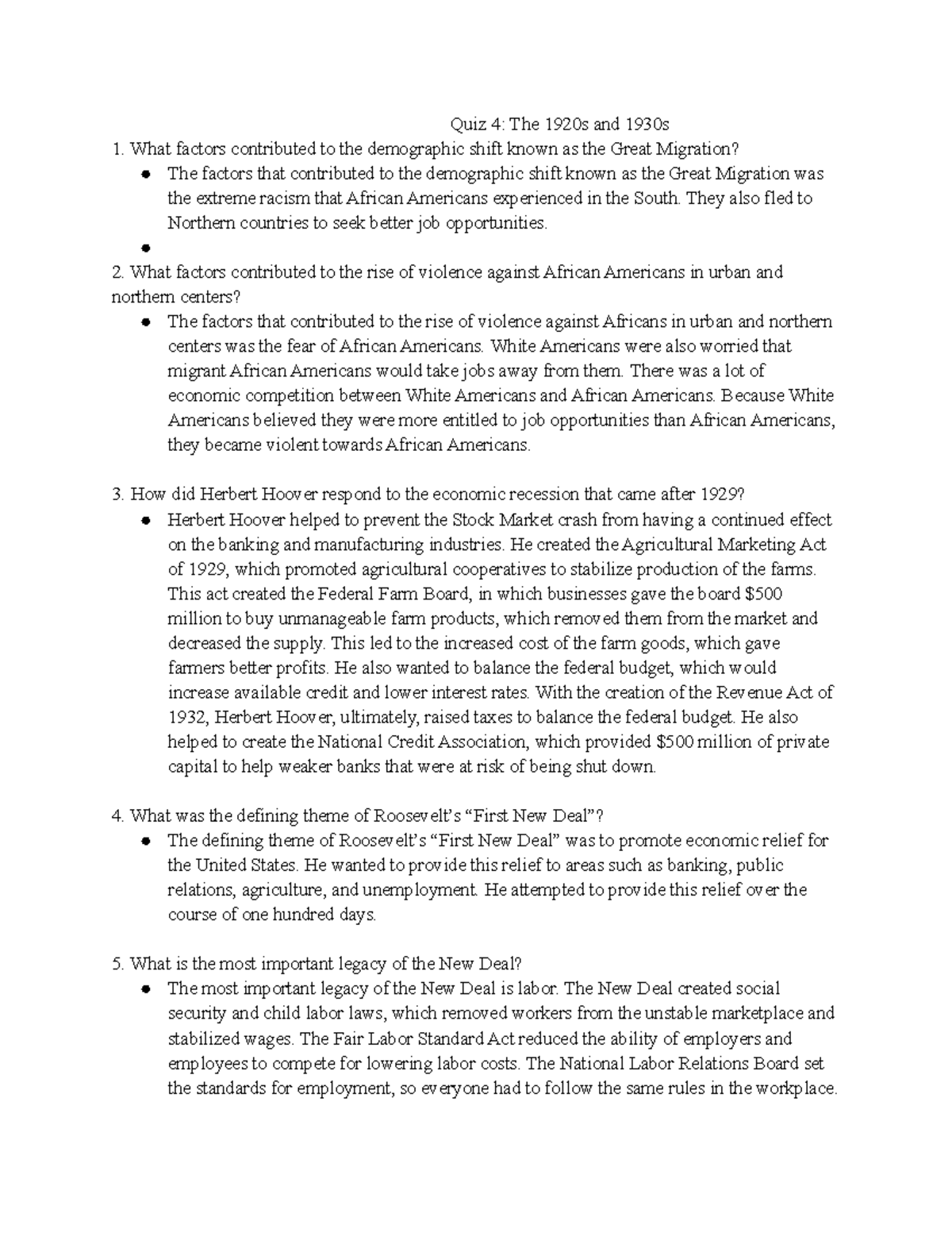 Quiz 4 The 1920s and 1930s - Quiz 4: The 1920s and 1930s What factors ...