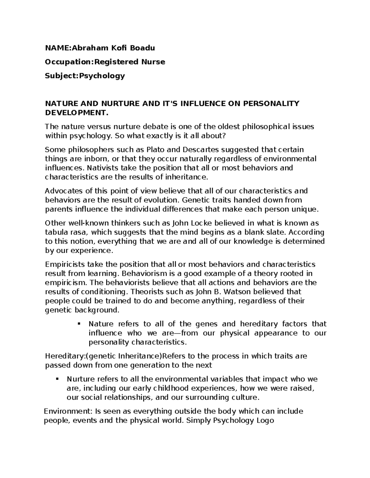 Nature vs. Nurture: Influence on Personality Development - PSY 101 ...