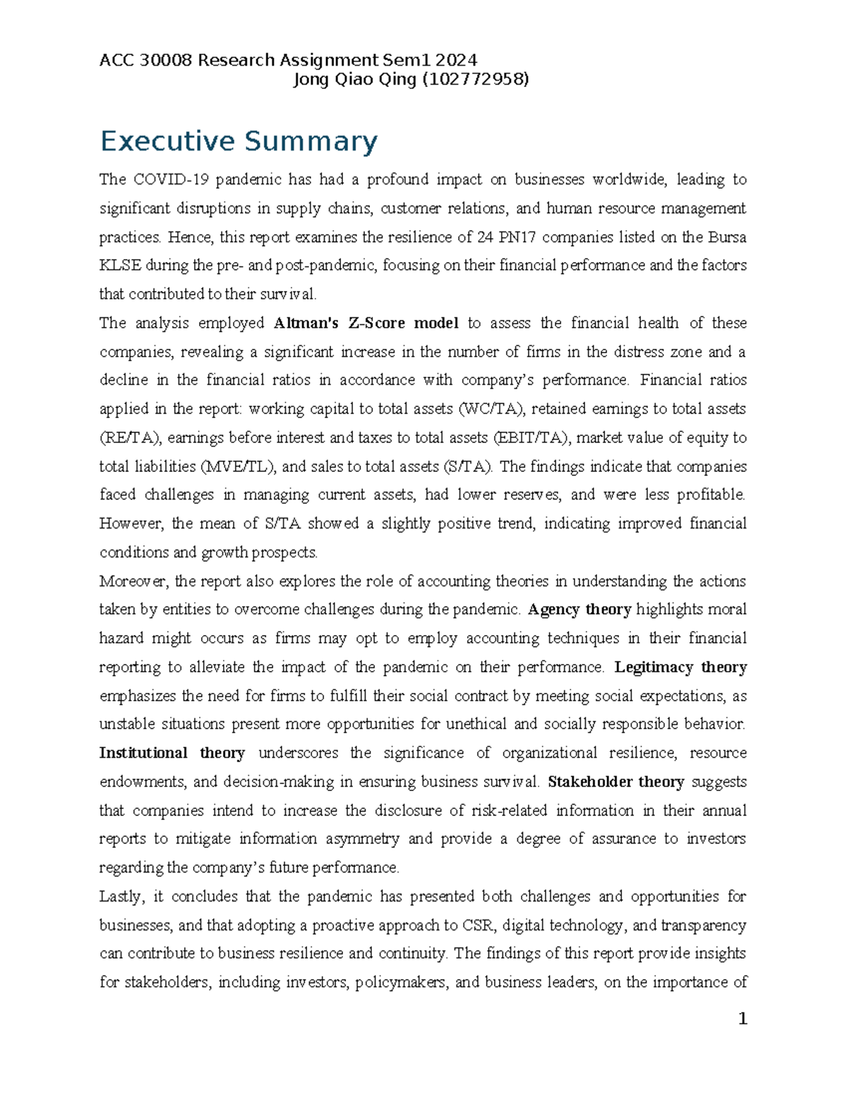 ACC30008 Research assignment: Resilience of PN17 companies during the ...
