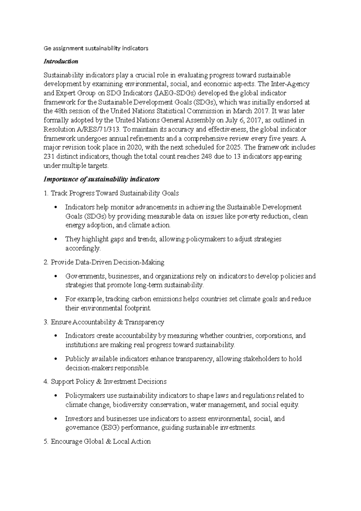 Ge Assignment: Understanding Sustainability Indicators for SDGs - Studocu
