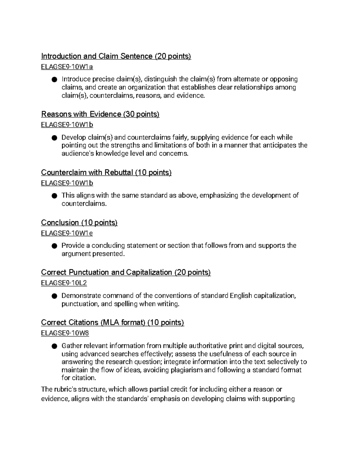 Argumentative Essay Rubric - ELAGSE9-10W1 & Citations Guide - Studocu