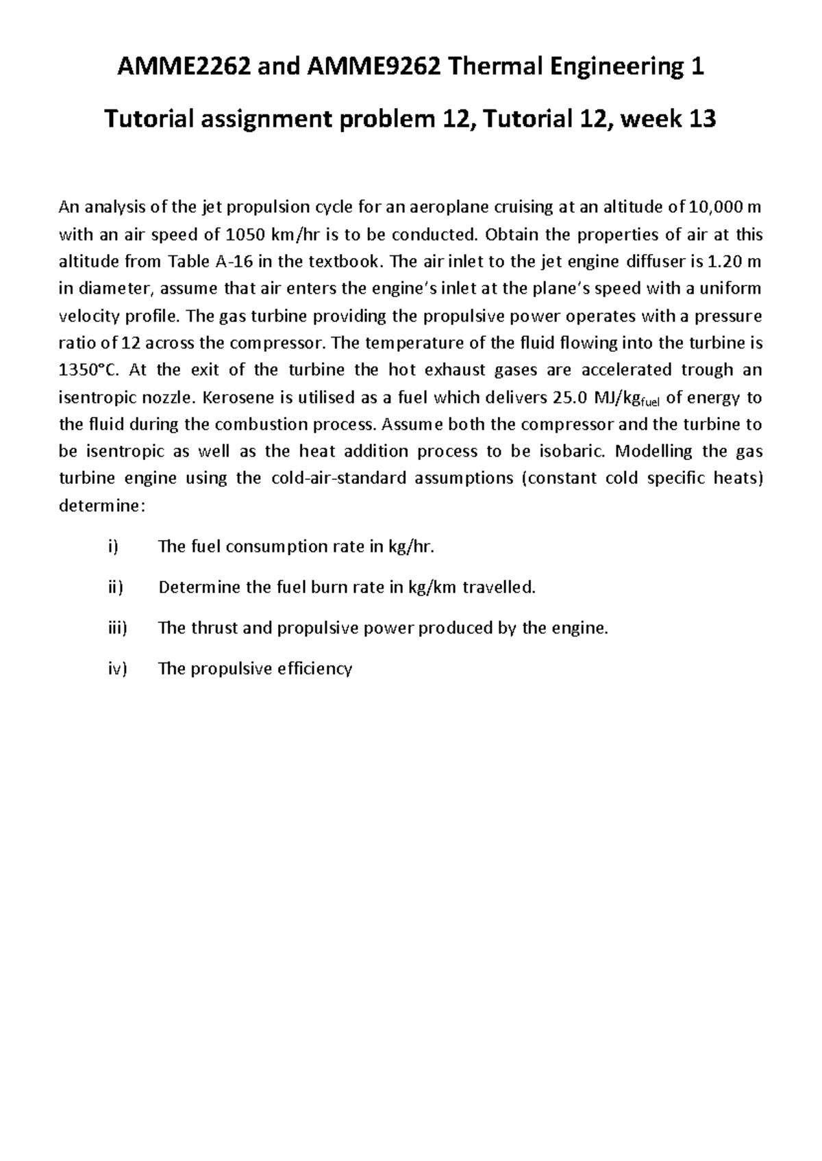 AMME2262 9262 tutorial ass 12 tut12 week13 solns - AMME2262 and AMME9262 Thermal Engineering 1 ...