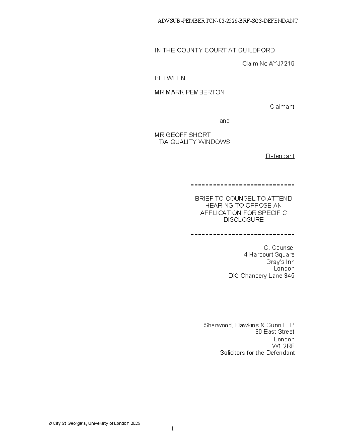 SGS3 - Brief to Counsel for Defendant in Pemberton v. Short Case - Studocu