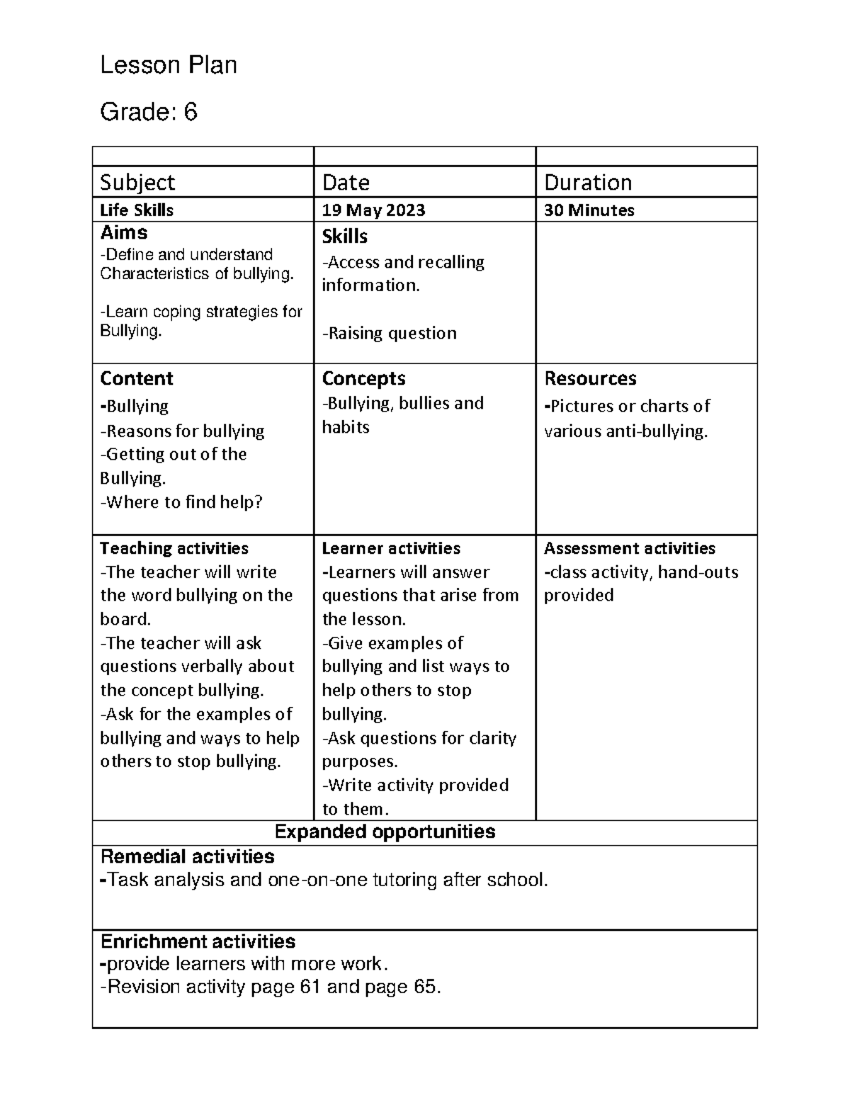 Grade 6 Life Skills Lesson Plan: Understanding and Addressing Bullying ...