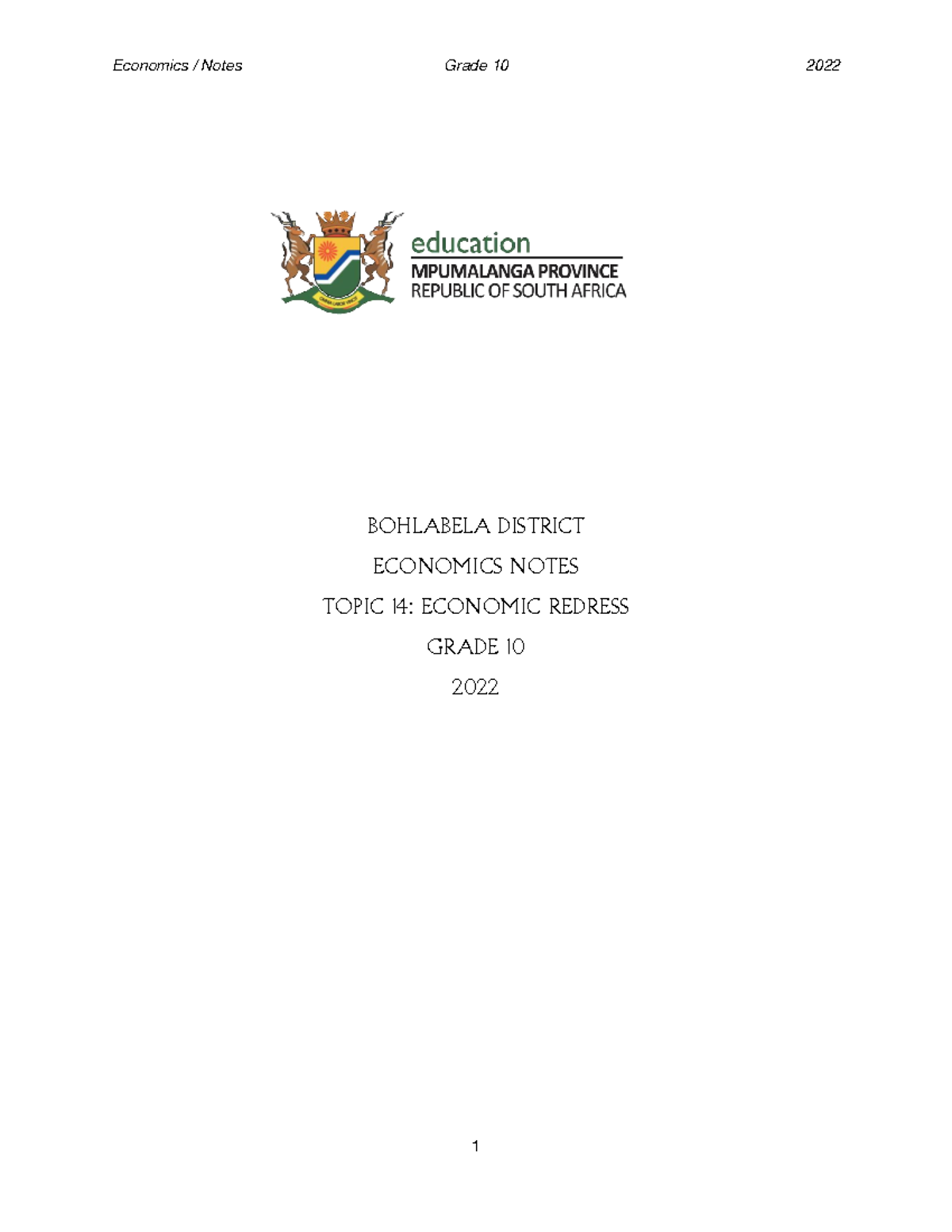 Grade 10 Economics Notes: Topic 14 - Economic Redress Overview - Studocu