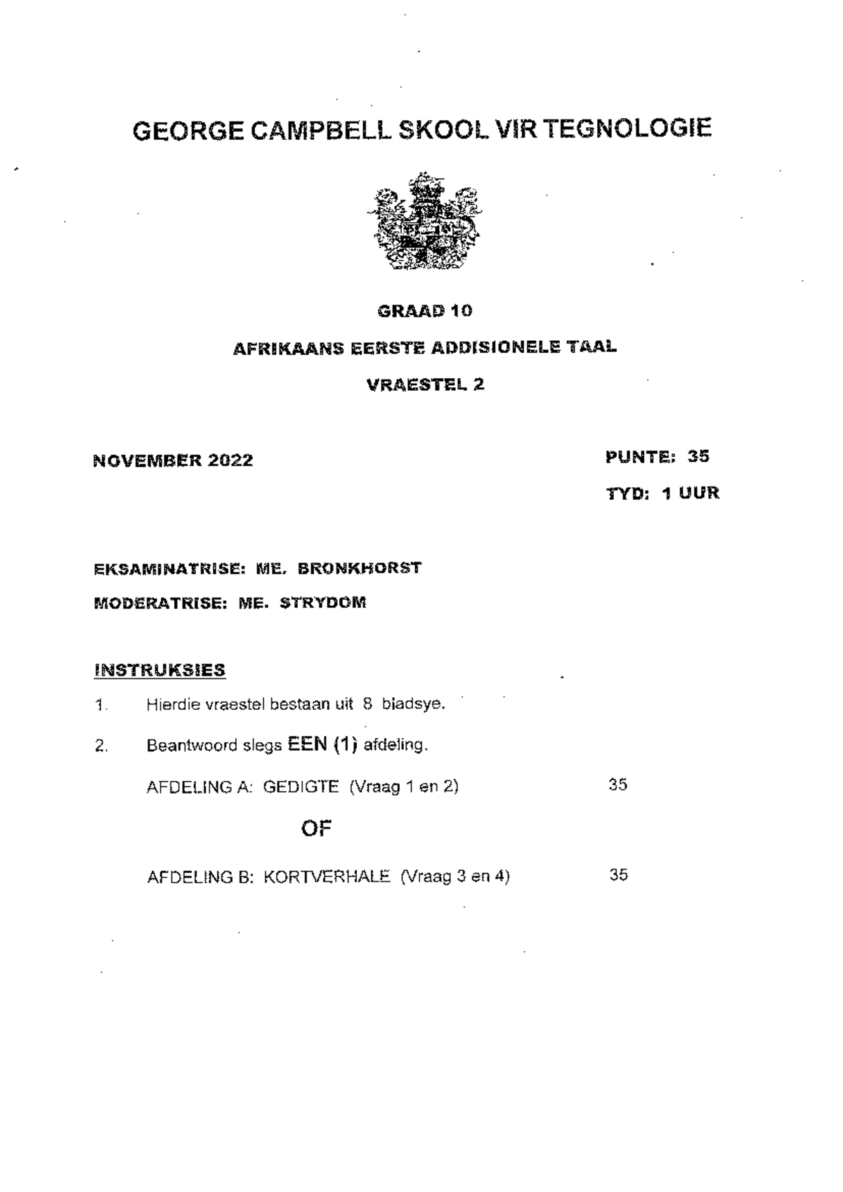 Grd 10 Afr EAT Vraestel 2: Gedigte en Kortverhale Nov 2022 - Studocu