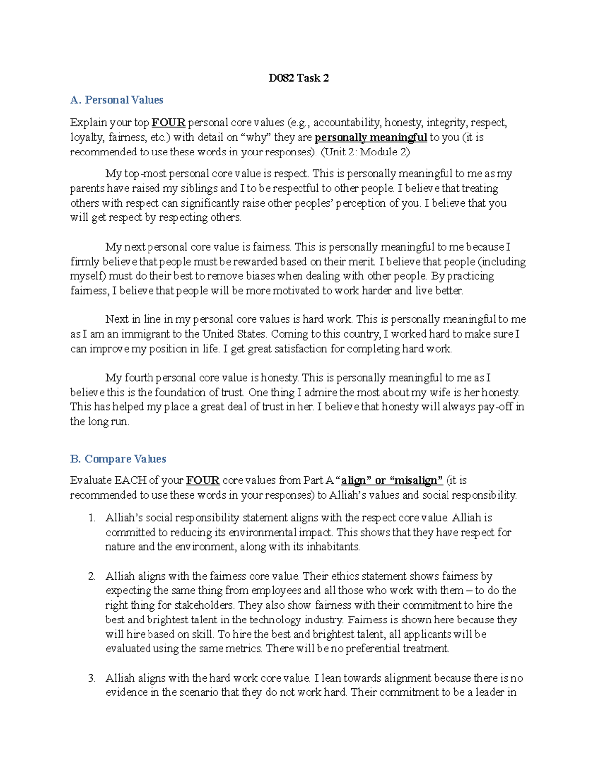 D082 Task 2 - Evaluating Personal Values and Cultural Intelligence ...