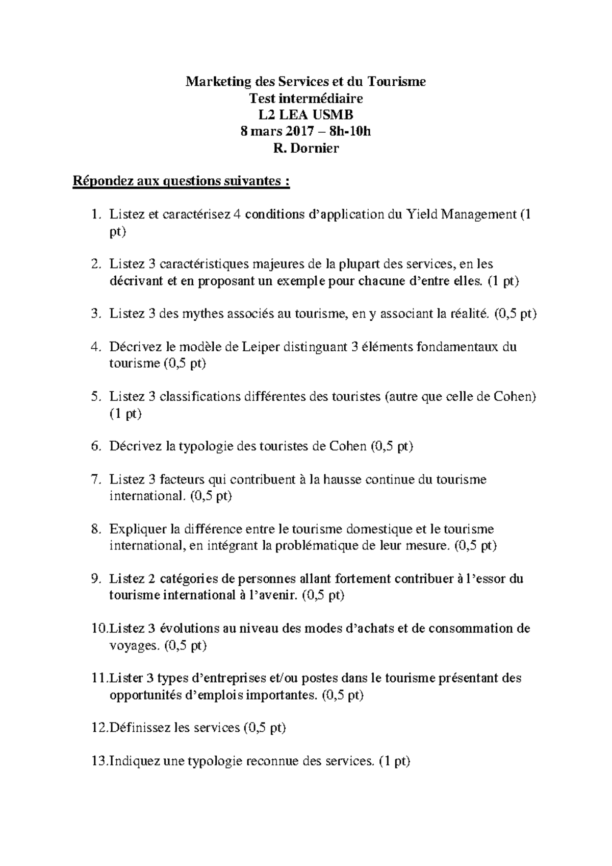 Test intermédiaire L2 LEA USMB: Examen 8 Mars 2017 Marketing Tourisme ...
