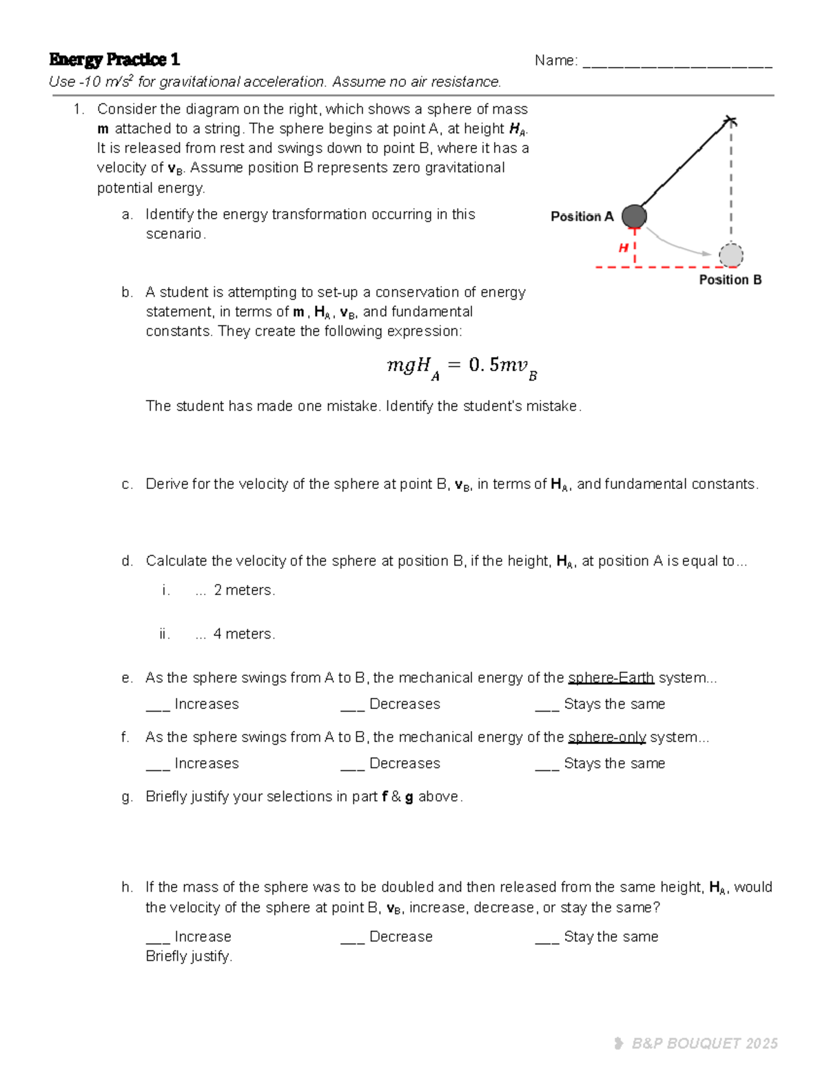 Energy Practice: Gravitational Acceleration & Energy Transformations ...